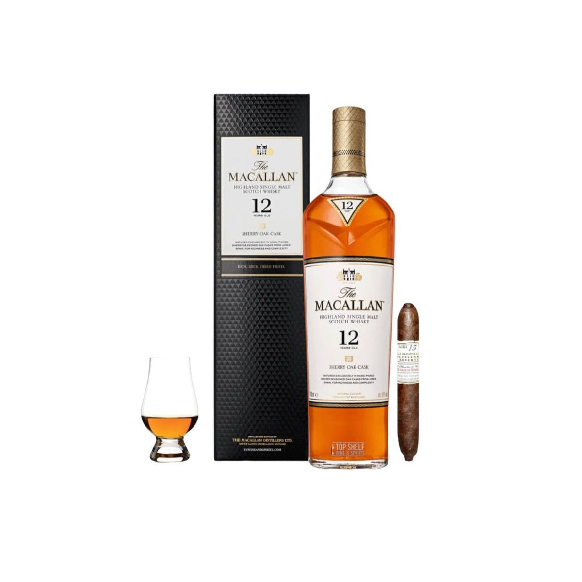 Gift Set Bundle | The Macallan 12 year Sherry oak | Cigar & Glencairn